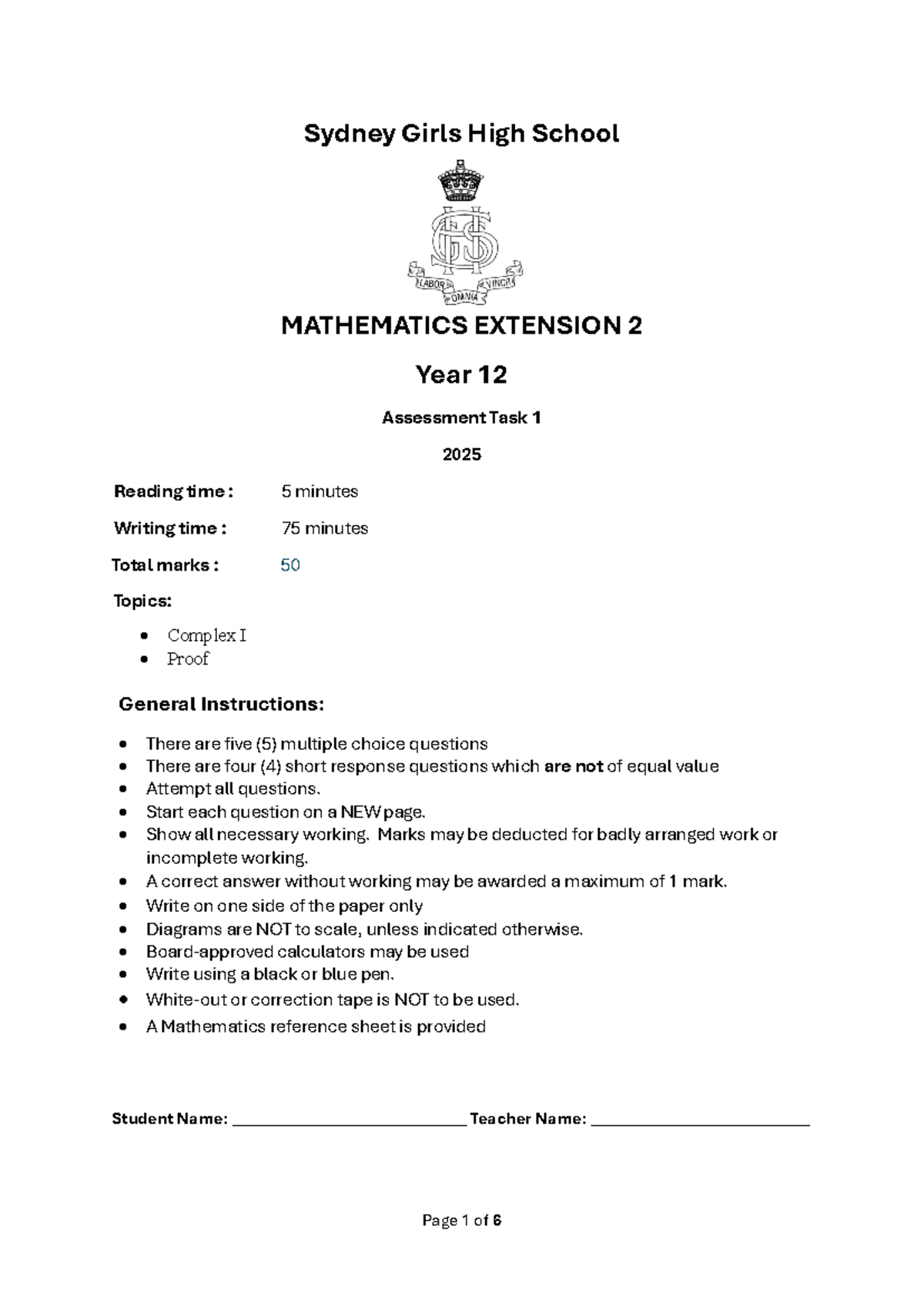 2026 MATHEMATICS EXTENSION 2 Year 12 Assessment Task 1 - Studocu