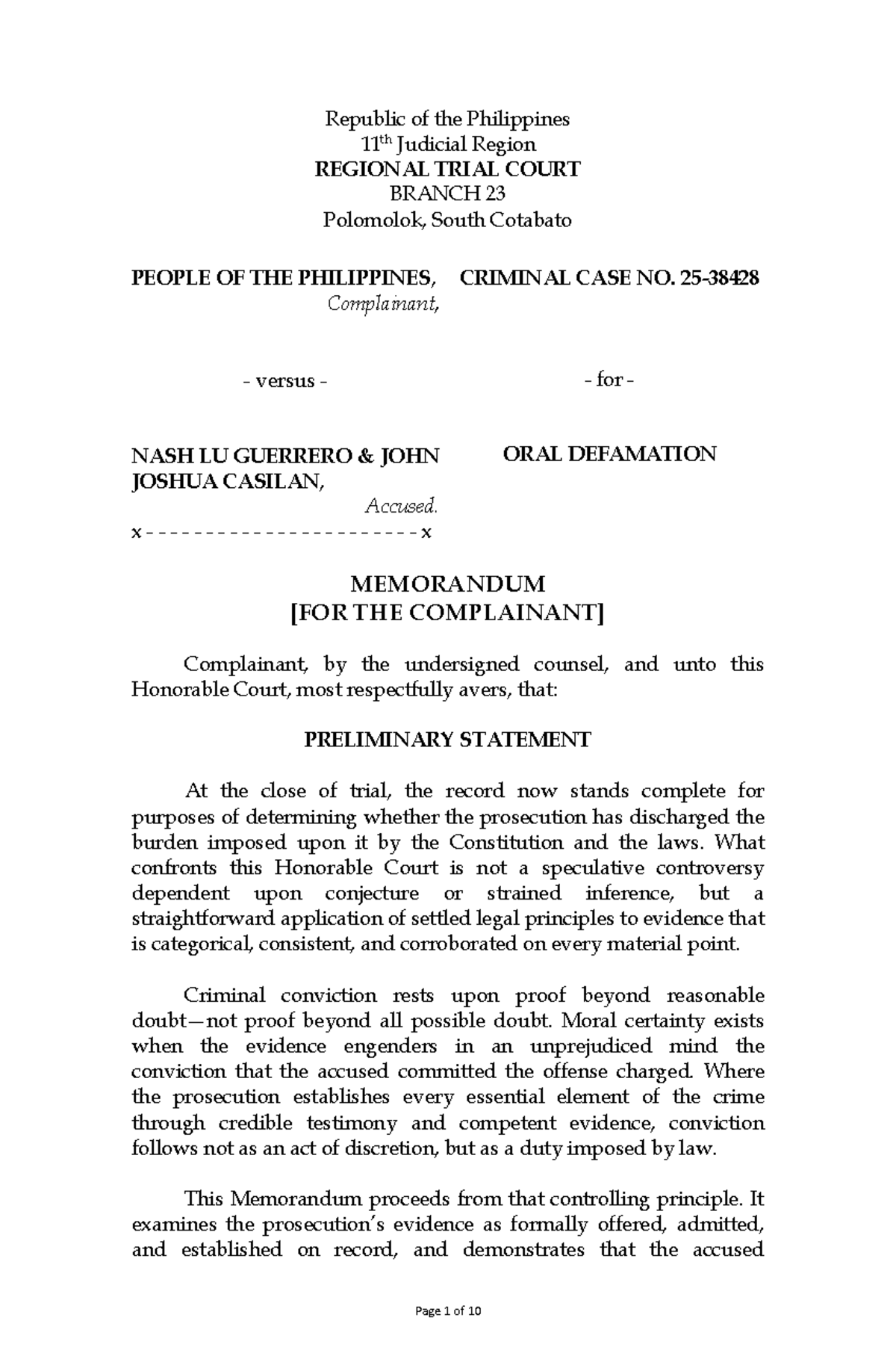 11th Judicial Region Oral Defamation Memorandum: People vs. Guerrero ...