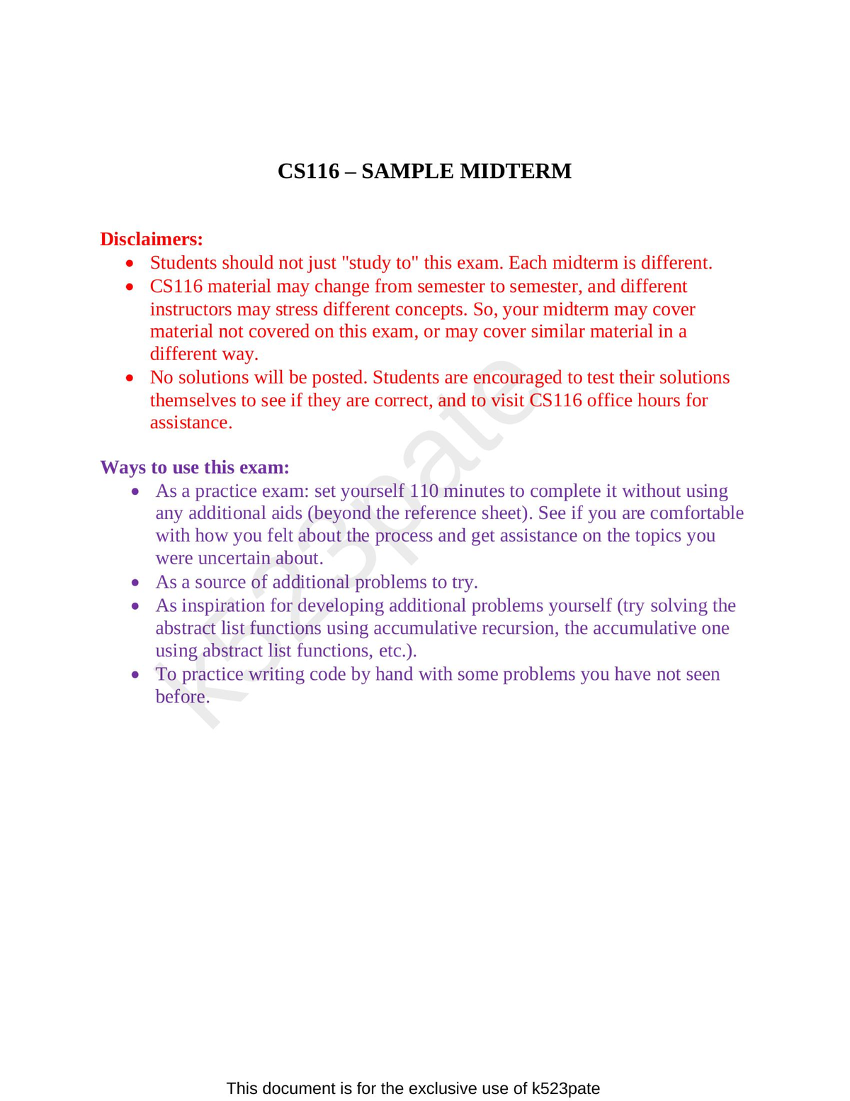 CS116 Sample Midterm Exam - Spring 2016 Review Guide - Studocu