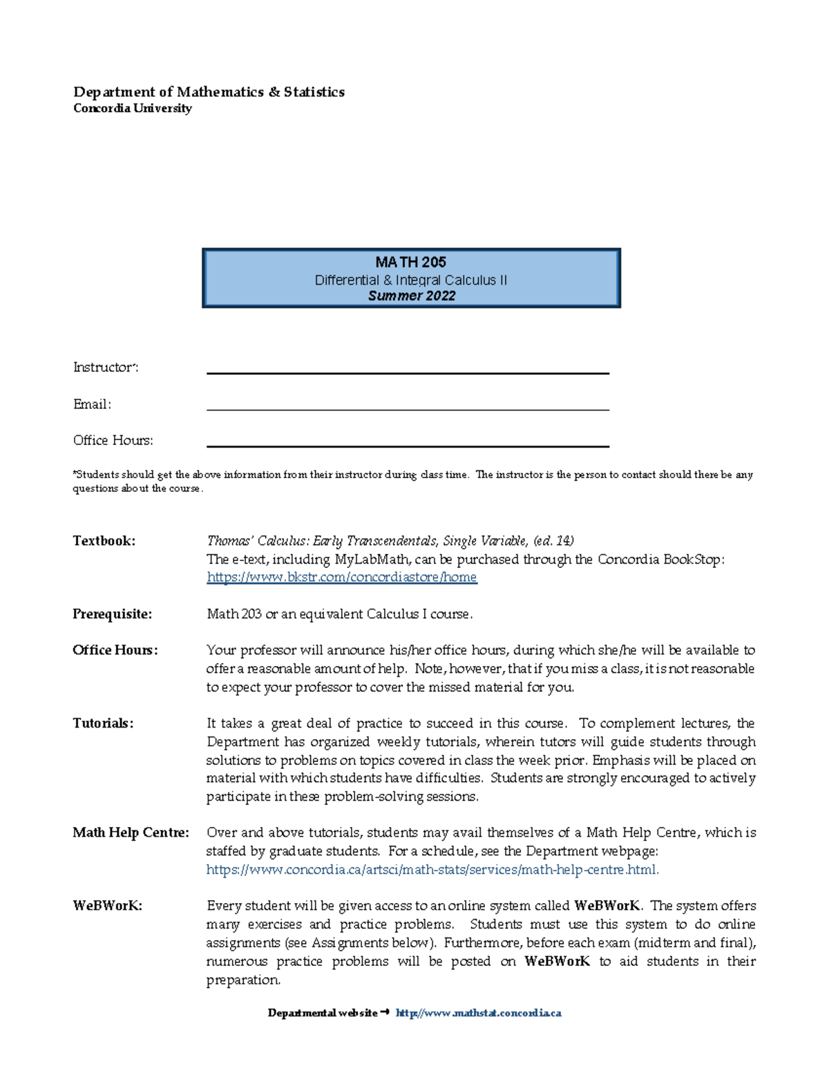MATH 205 Course Outline - Differential & Integral Calculus II (Summer ...
