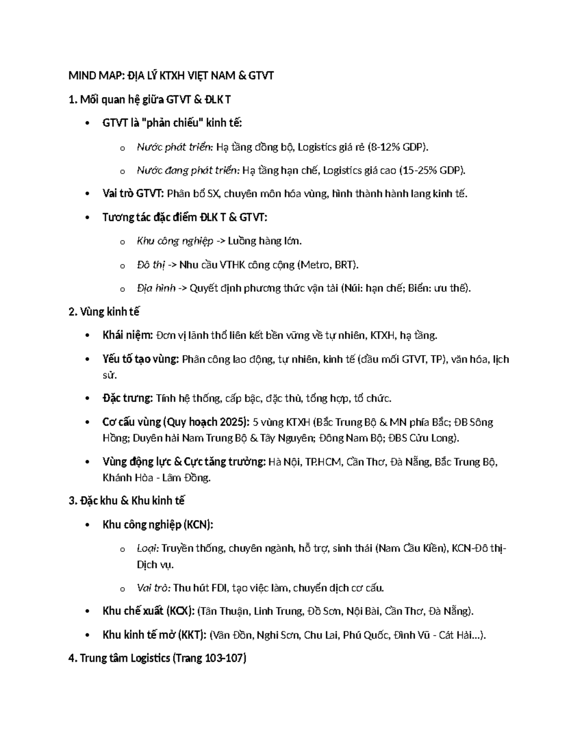 MIND MAP: ĐỊA LÝ KTXH VIỆT NAM GTVT 1 - 2023 - Studocu