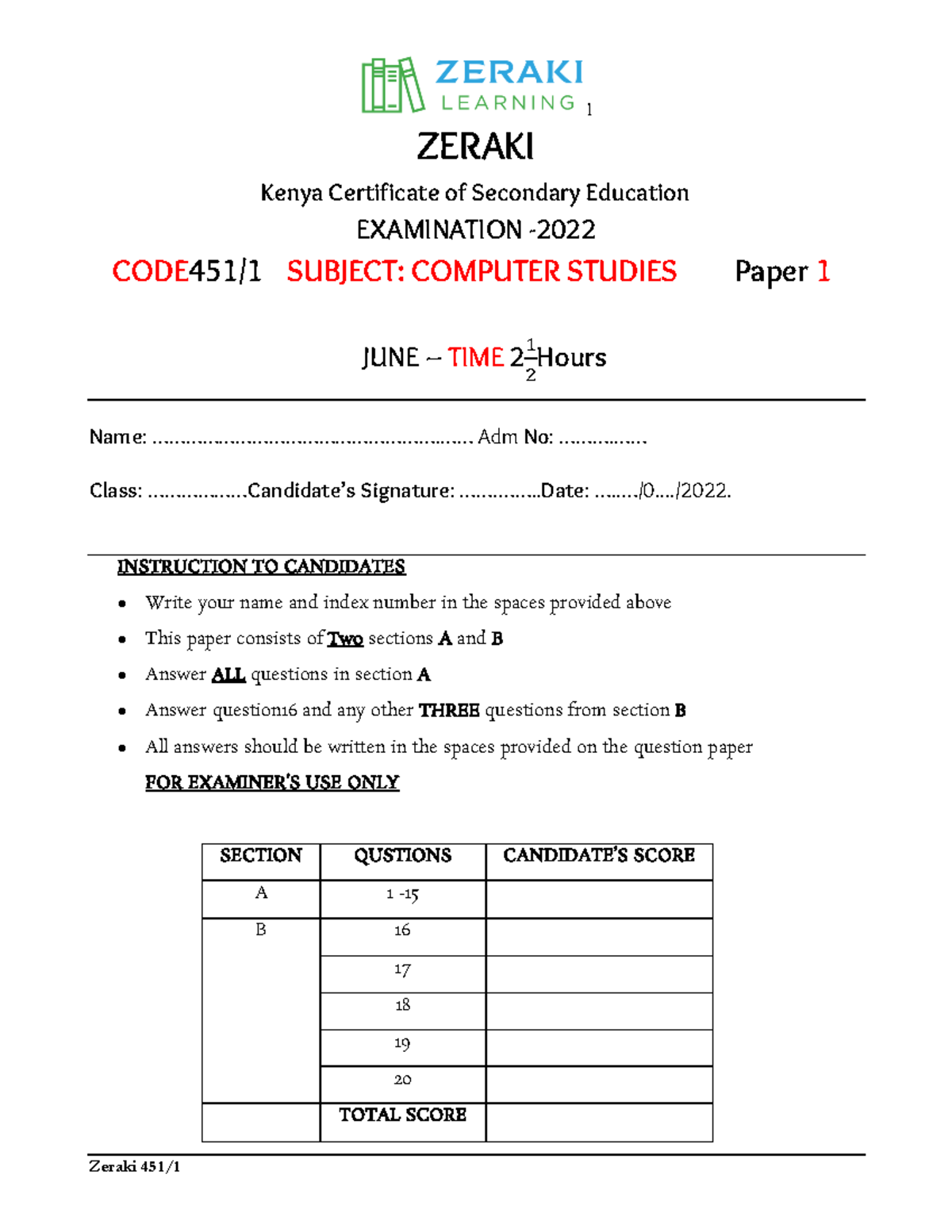 Computer Studies Form 3 - Final Exam Question Paper Code 052434 - Studocu