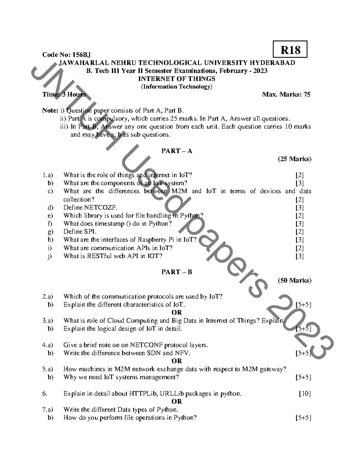 JNTUH B.Tech III Year II Sem Feb 2023 IoT Exam Question Paper - Studocu