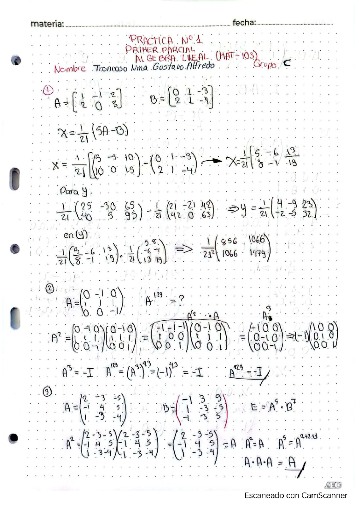 Práctica N°1 - Primer Parcial Álgebra Lineal (MAT-103) - Studocu