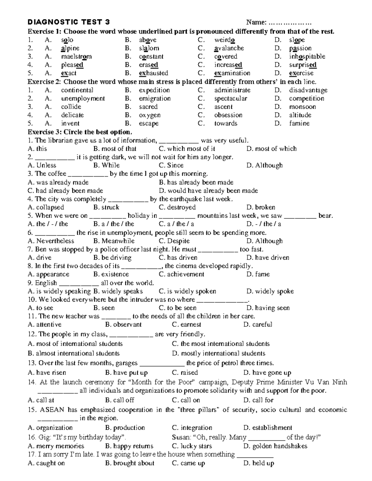 Diagnostic Test 3 - Practice Material for Language Skills - Studocu