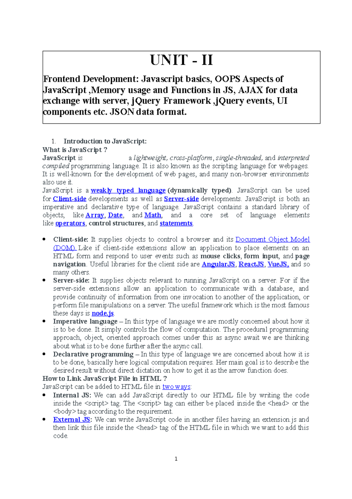 Unit-2 - Full stack development subject - 1. Introduction to JavaScript: What is JavaScript ...