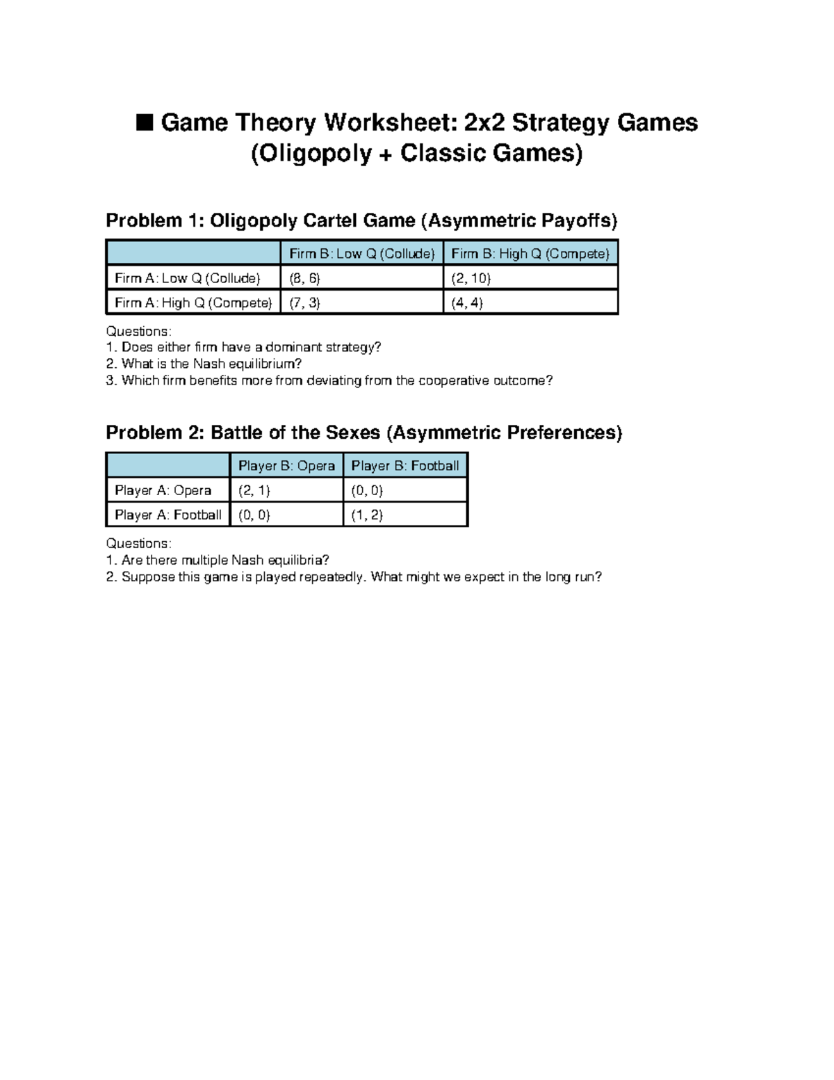 Game Theory Worksheet: 2x2 Strategy Games (Oligopoly & Classic) - Studocu