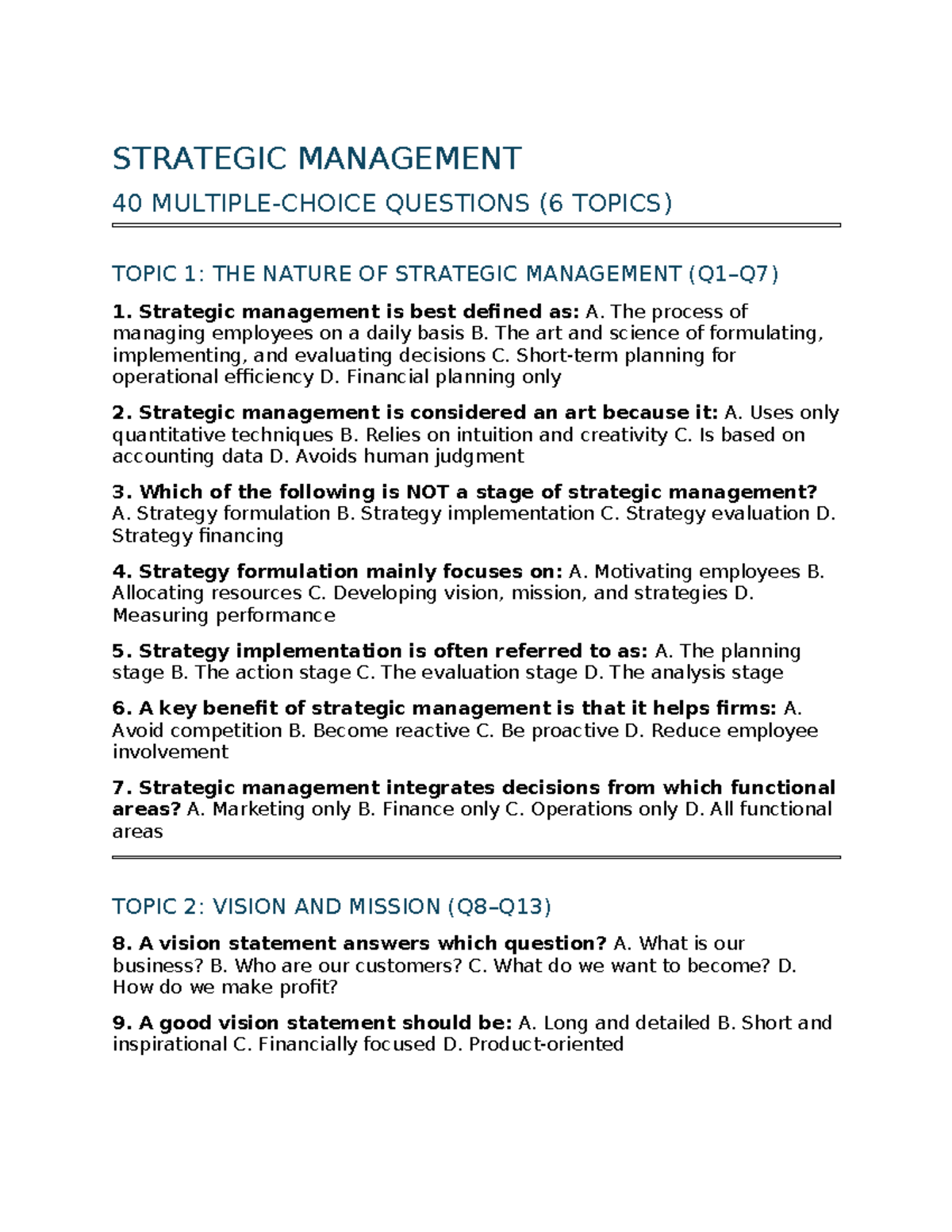Strategic Management (SM) - 40 MCQs Across 6 Key Topics - Studocu