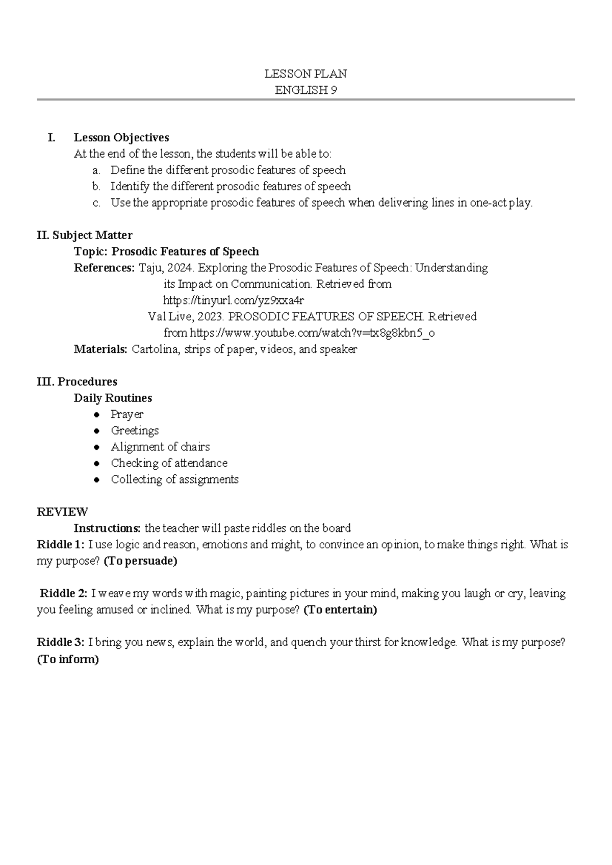 ENGLISH 9 Lesson Plan: Exploring Prosodic Features of Speech - Studocu