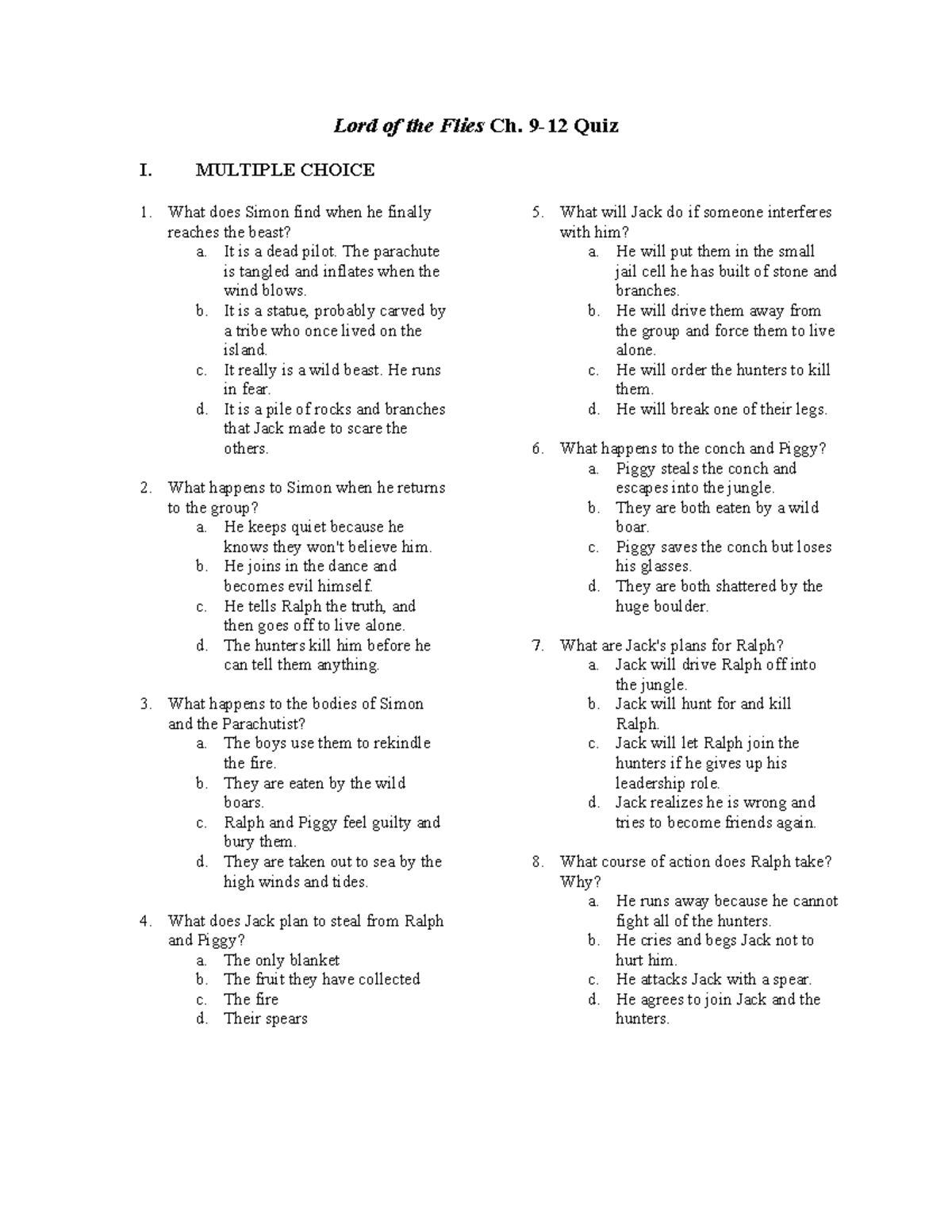 Lord of the Flies Quiz Ch. 9-12: Key Questions & Answers - Studocu