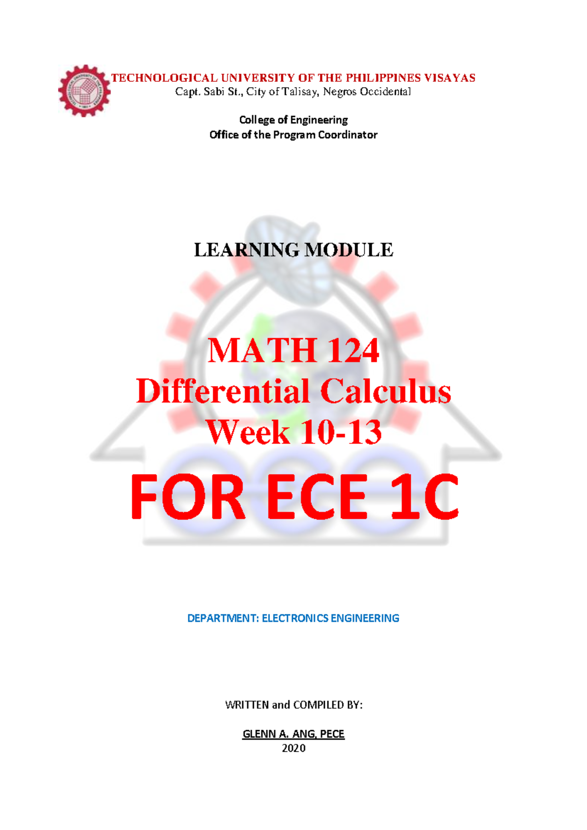 MATH 124: Differential Calculus Learning Module (Weeks 10-13) - Studocu