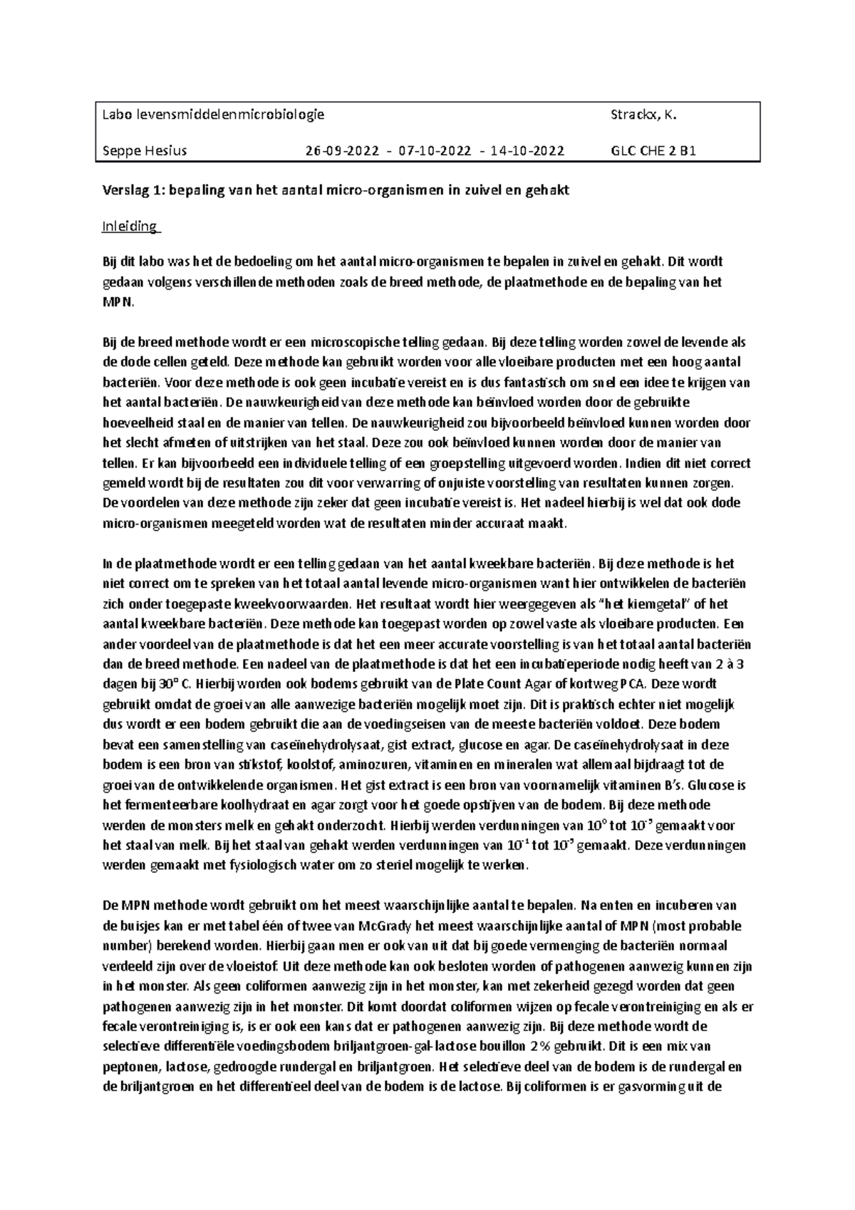 Verslag GLC CHE 2 B: Micro-organismen in Voeding Analyse Methoden - Studocu