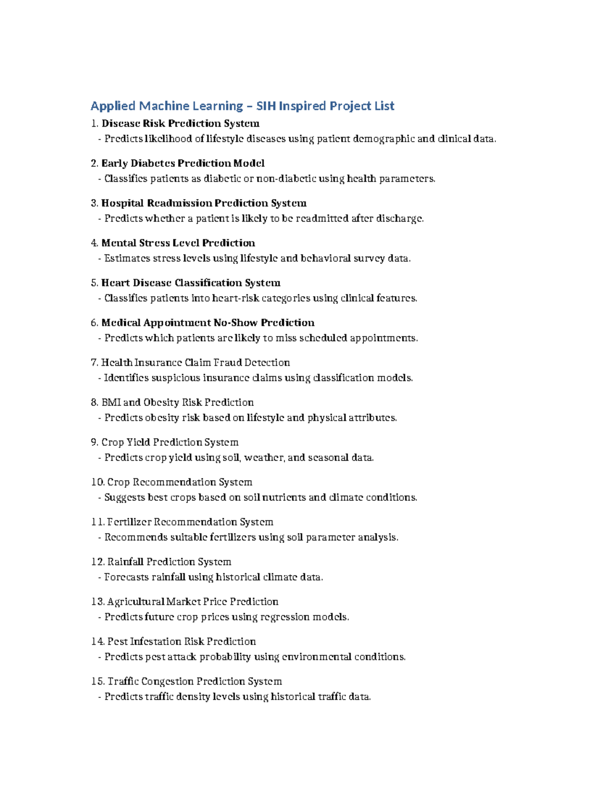 SIH Inspired Applied ML Projects: A Comprehensive List of Systems - Studocu