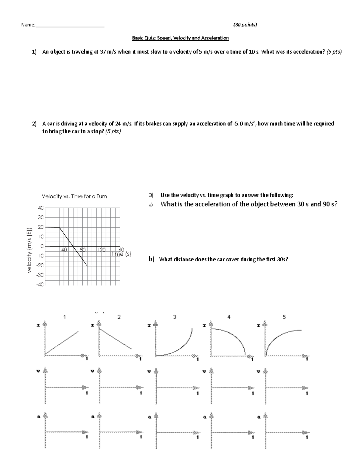 1-D Kinematics Quiz (2a) on Acceleration & Velocity Analysis - Studocu