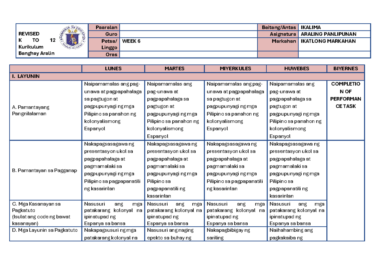 AP 5-DLL - Q3-W6 - Lesson Plan on Araling Panlipunan: Kolonyalismong ...