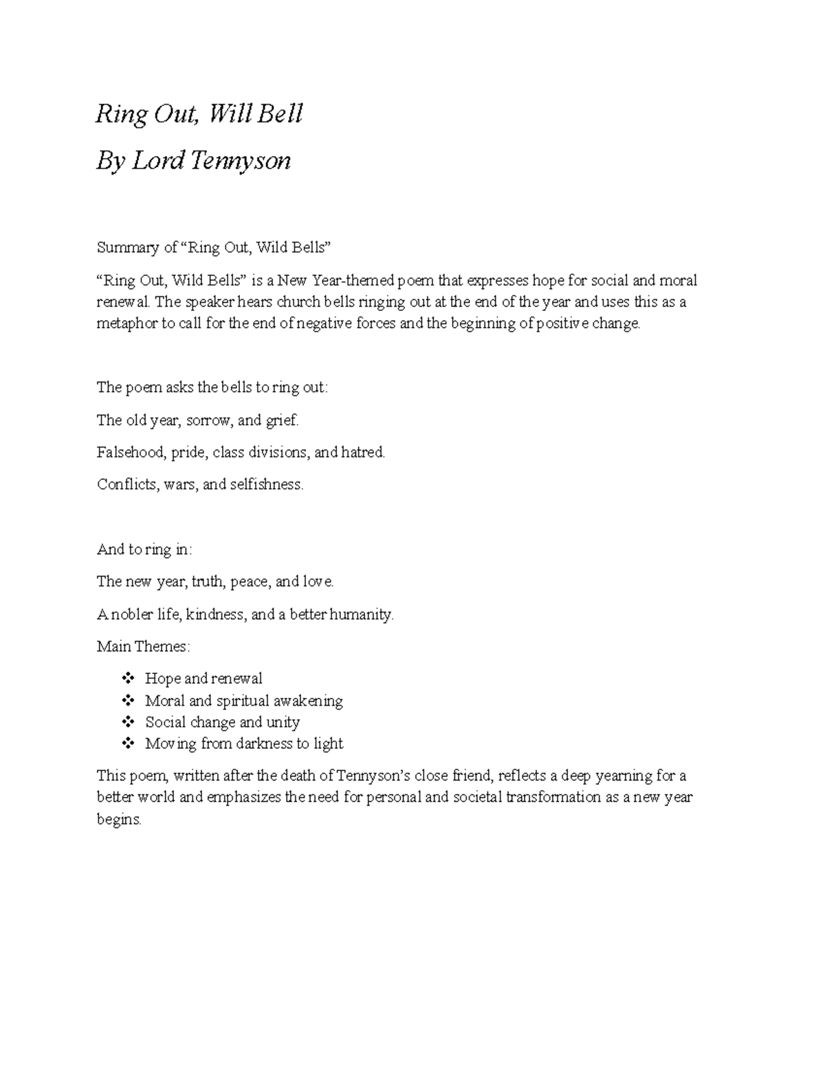 POEM - Summary of "Ring Out, Wild Bells" by Lord Tennyson - Studocu