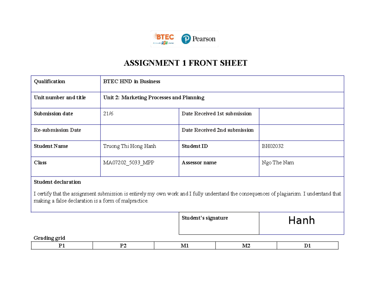 Truong Thi Hong Hanh BH02032 Assignment 1 5033 - ASSIGNMENT 1 FRONT ...