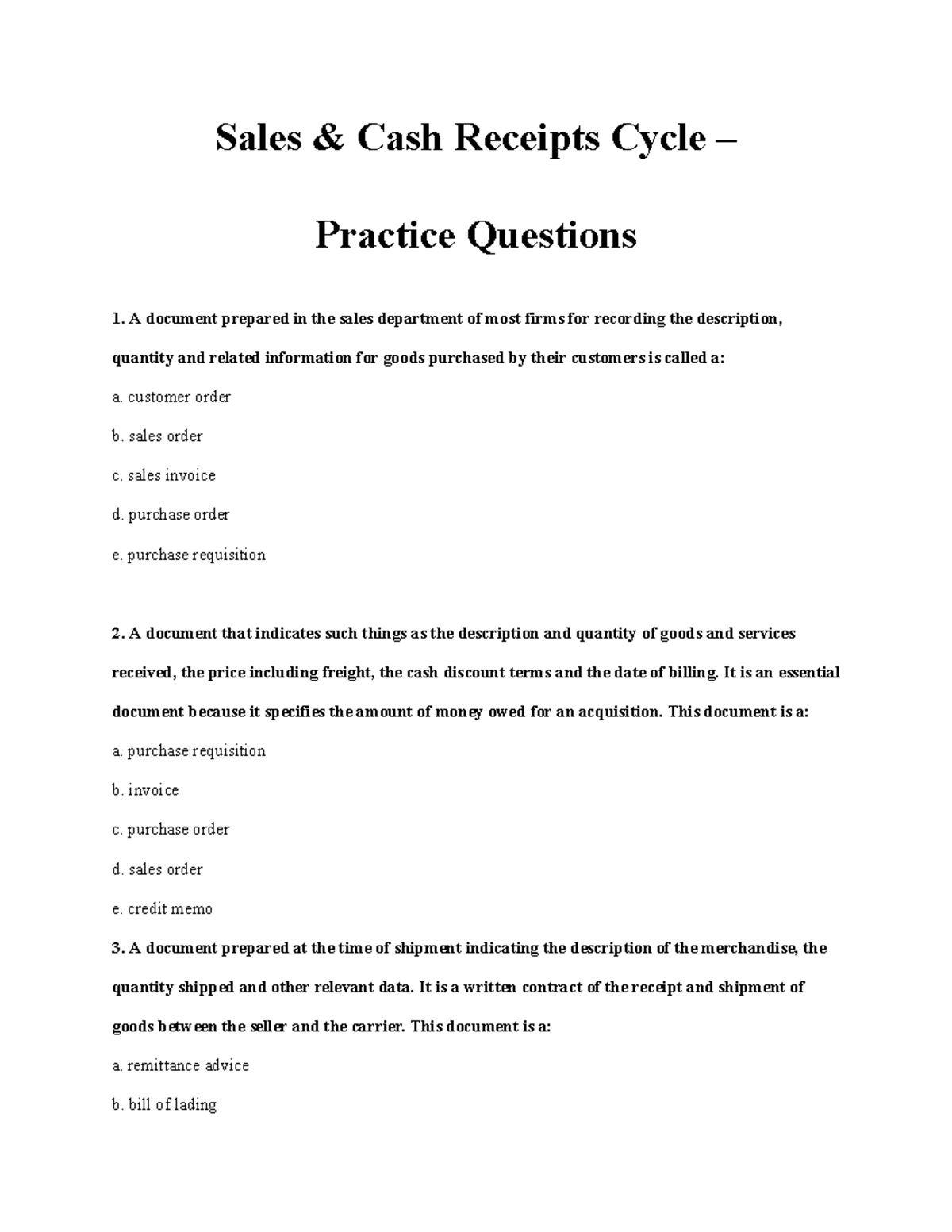 Sales & Cash Receipts Cycle Practice Questions - Studocu