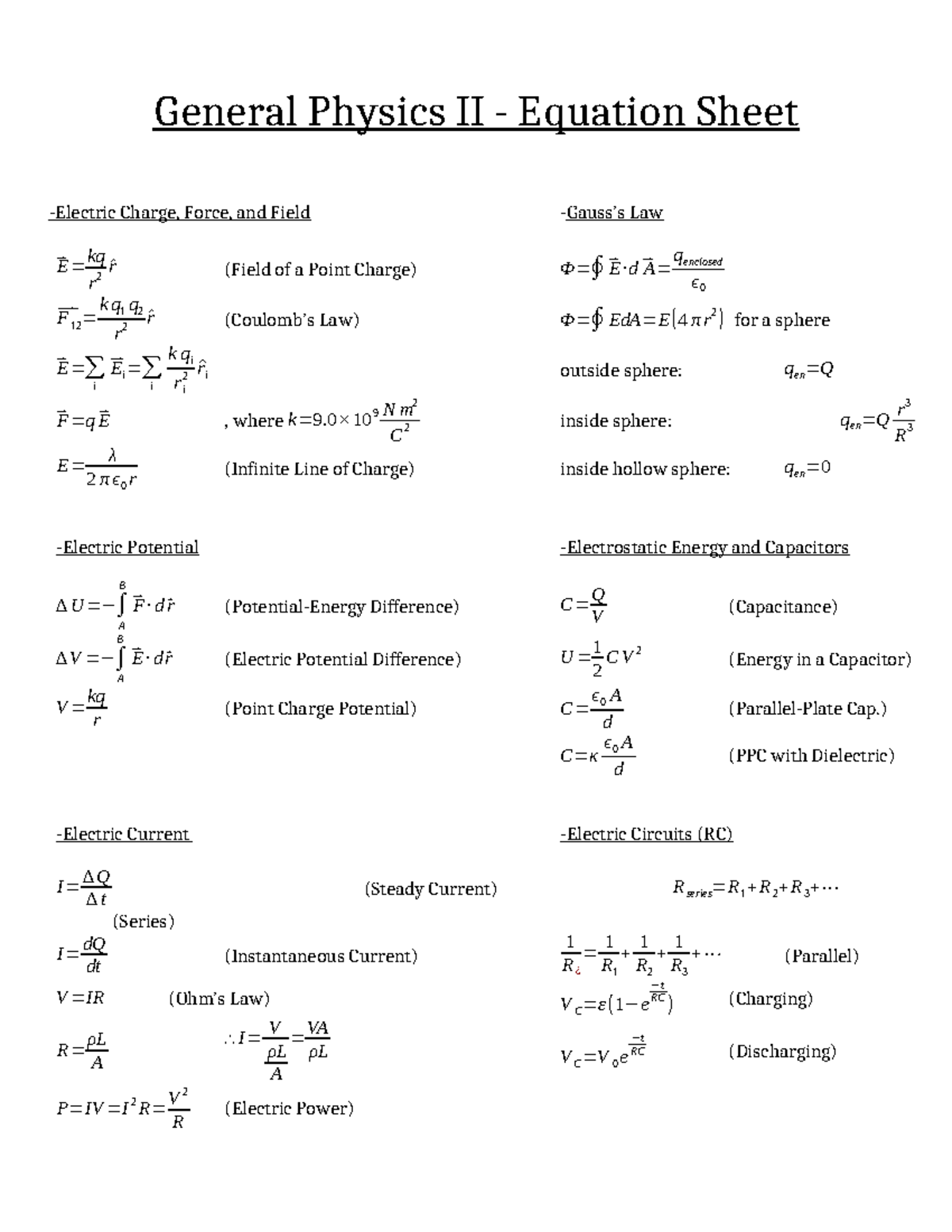 General Physics II Equation Sheet: Charge, Force, and Field Laws - Studocu