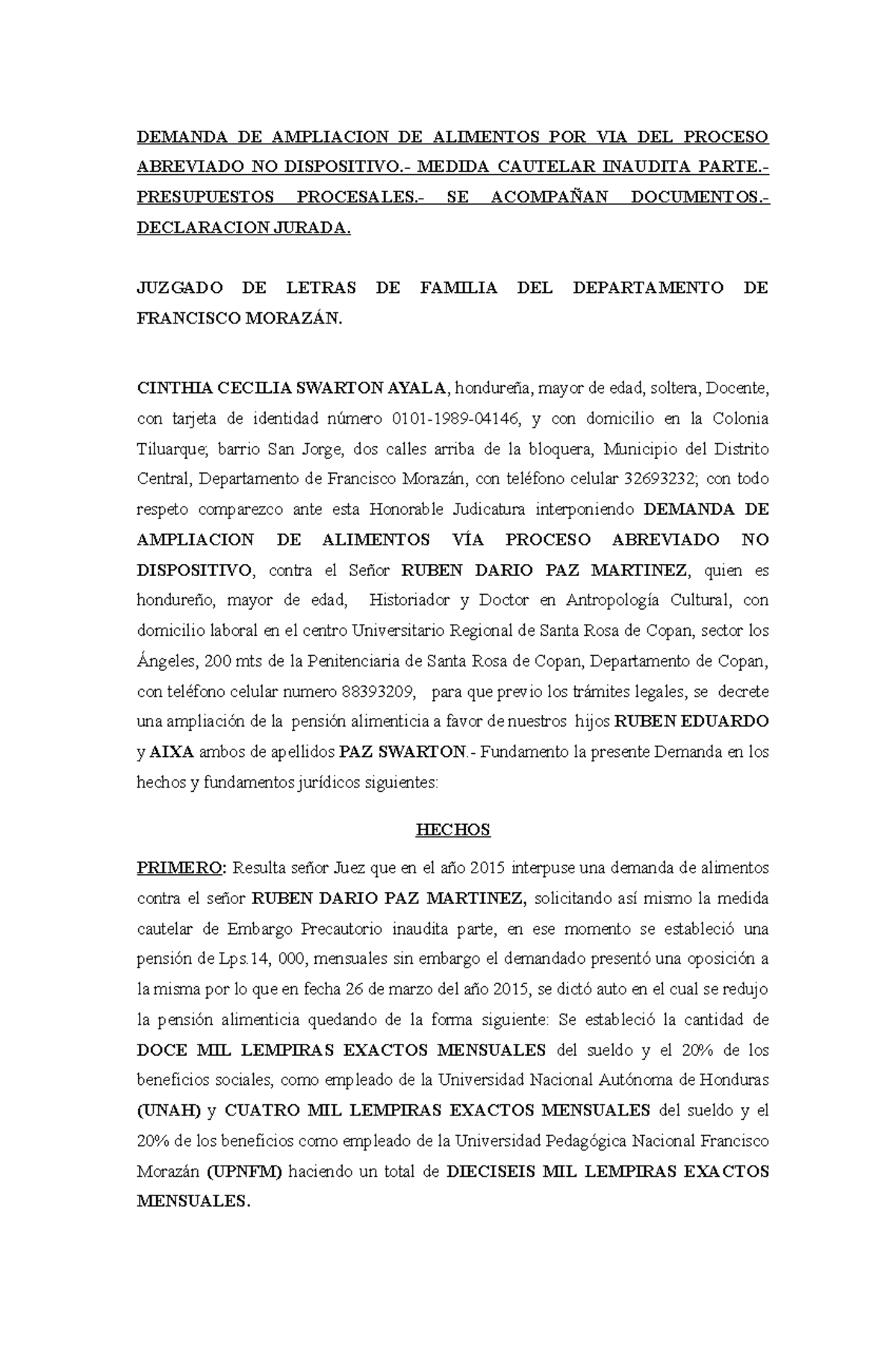 Demanda de Ampliación de Alimentos y Medida Cautelar Inaudita Parte ...
