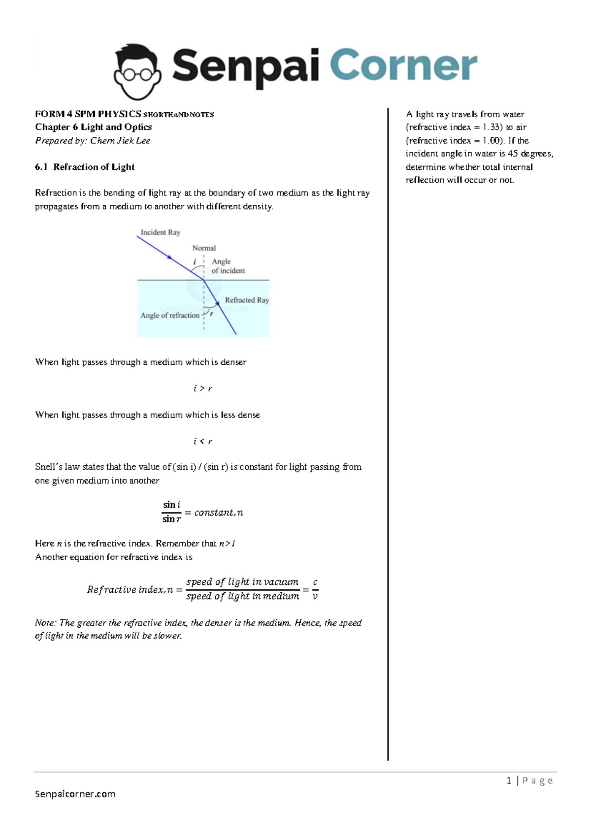 SPM PHYSICS FORM 4: Chapter 6 Light and Optics Notes - Studocu