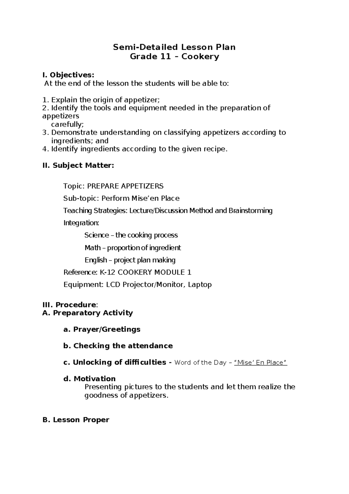 Semi-Detailed Lesson Plan on Appetizers - TLE BPP Grade 11 - Studocu