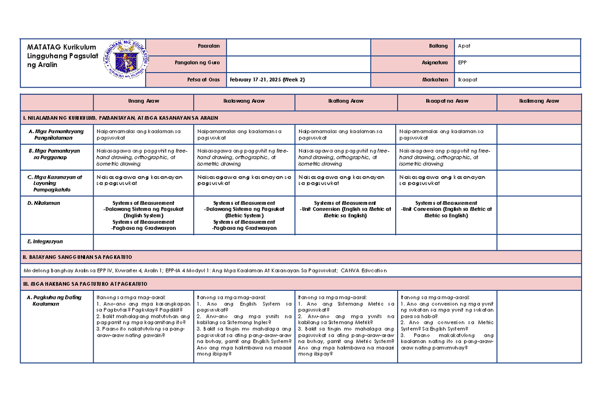 Q4 W2 EPP4 Matatag - lesson plan - MATATAG Kurikulum Lingguhang ...
