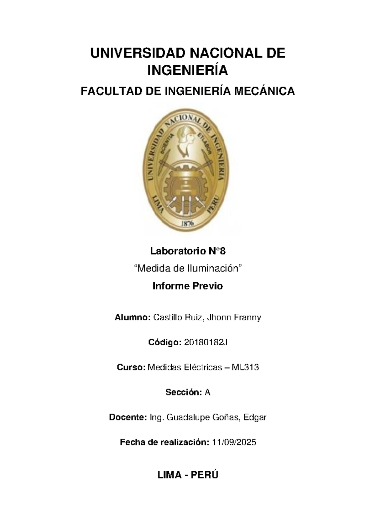 Informe Previo N°1 - Medida de Iluminación ML313 - Studocu