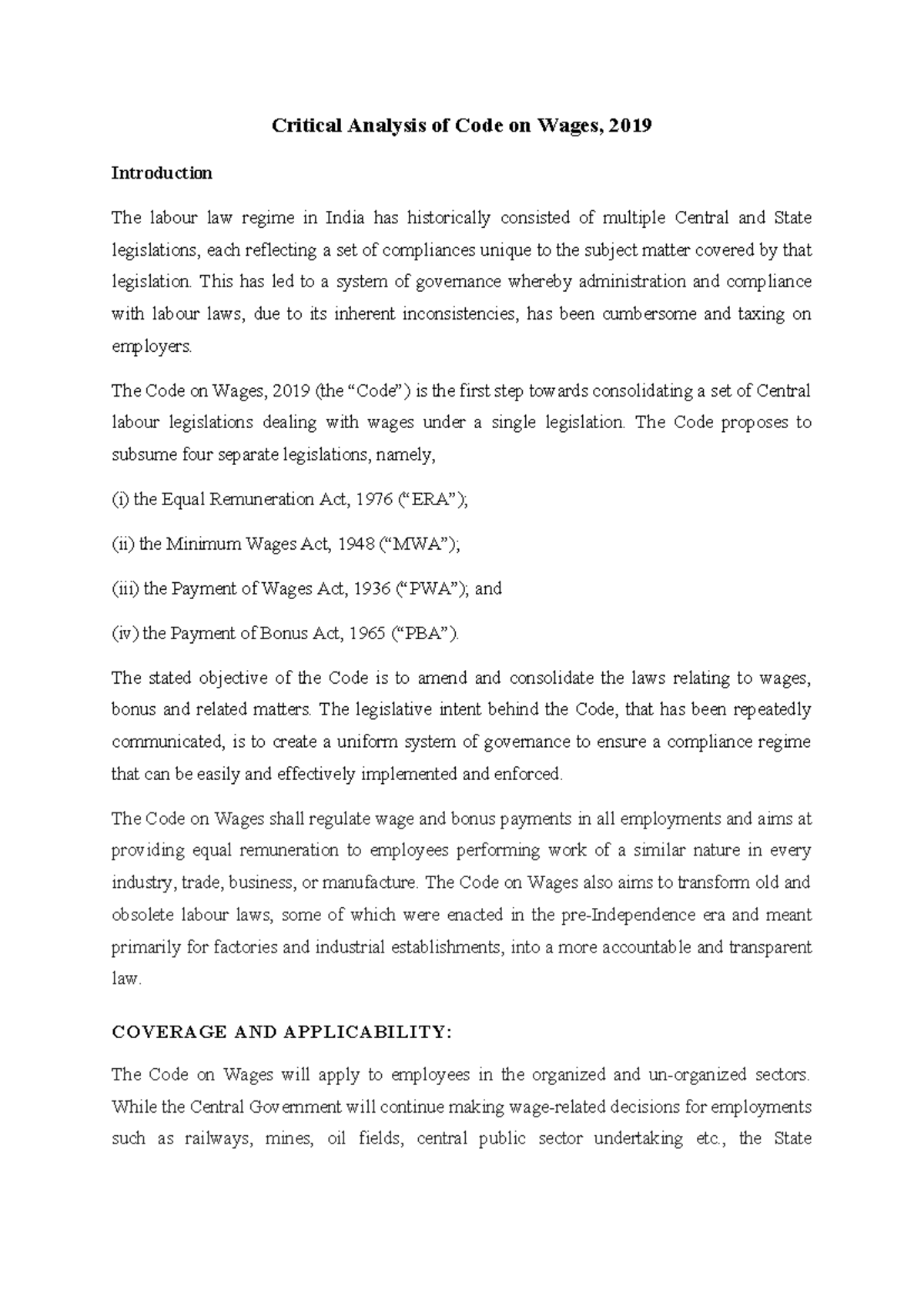Critical Analysis of the Code on Wages, 2019 - Document 467222242 - Studocu