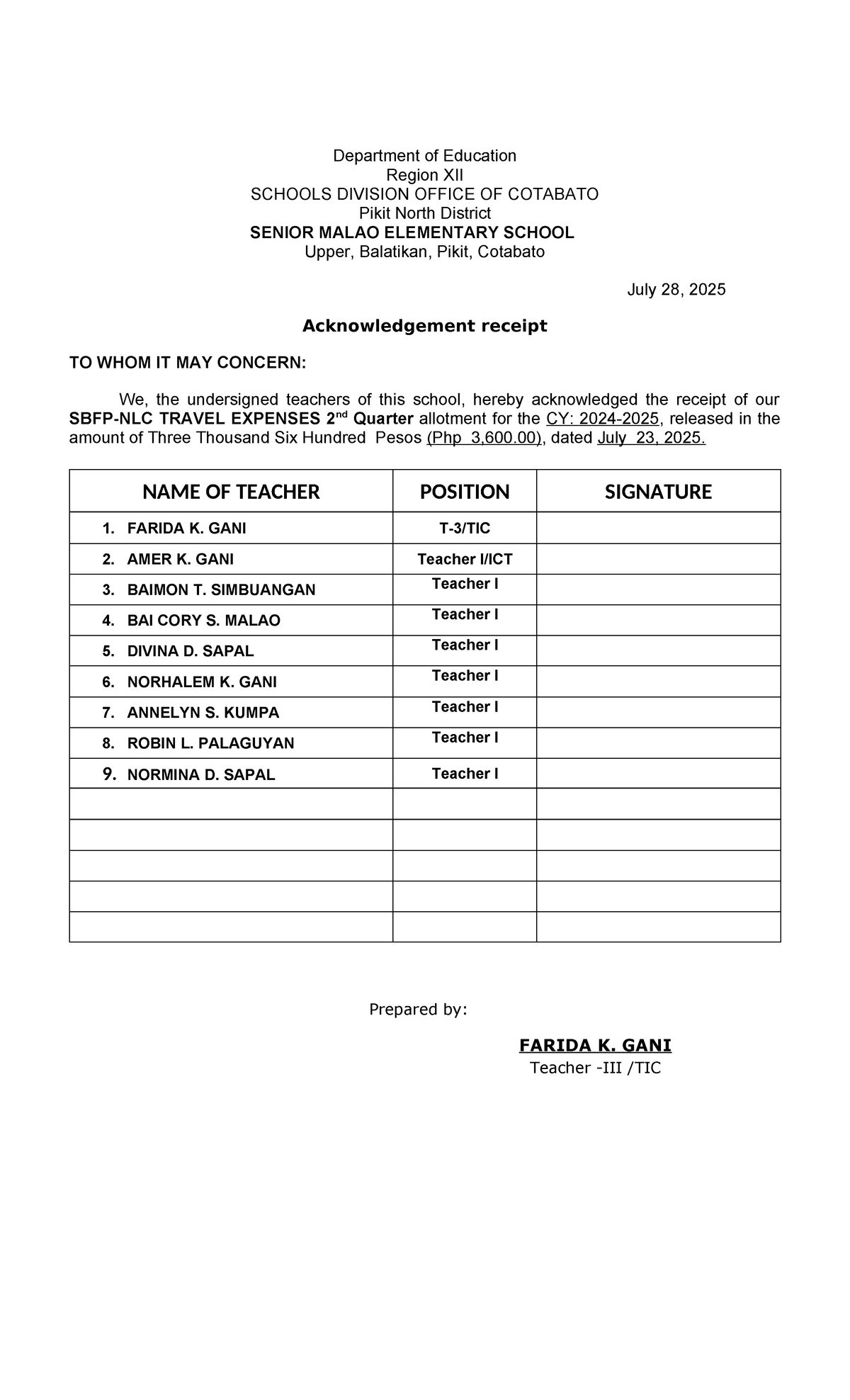 SBFP Acknowledgement Receipt for Travel Expenses - July 2025 - Studocu