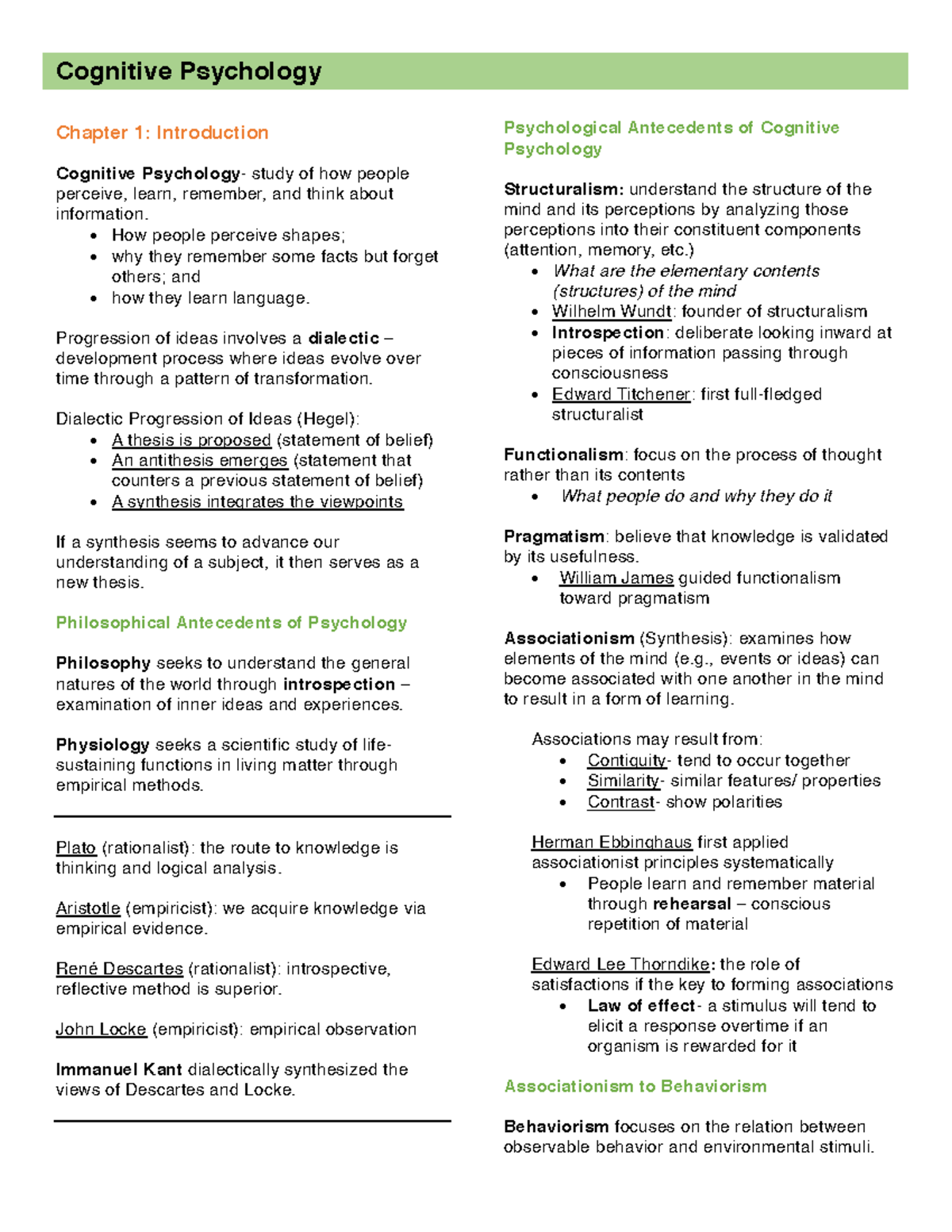 Cognitive Psychology Chapters 1-3 Key Concepts Summary - Studocu