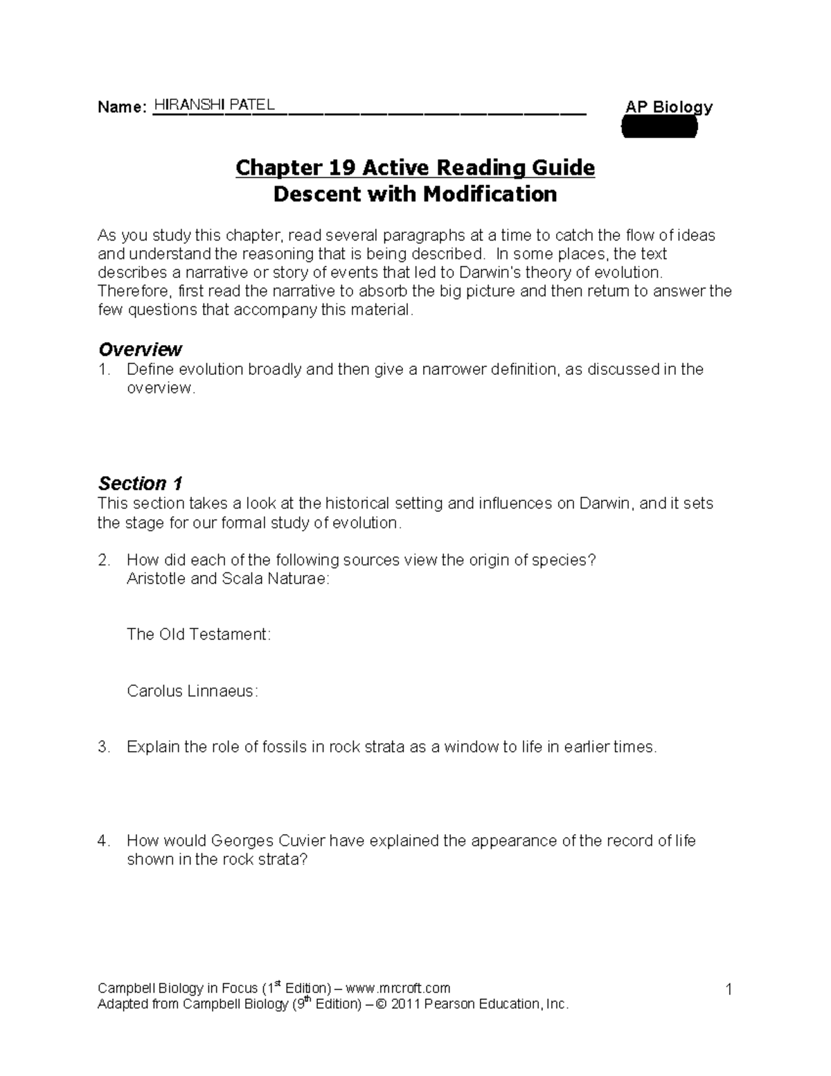 Chapter 19 Active Reading Guide: Descent with Modification - AP Biology ...