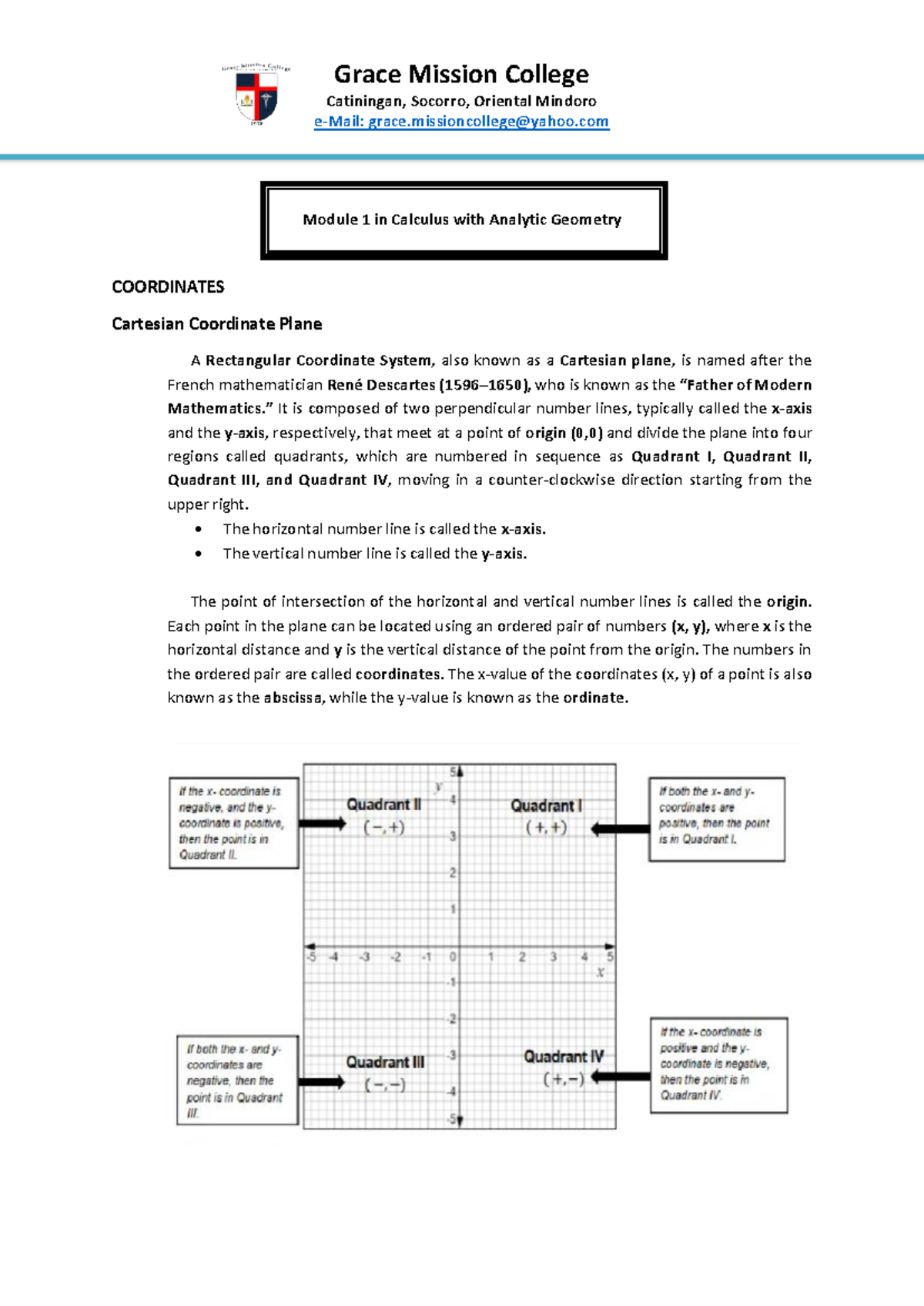 Module 1: Cartesian Coordinates in Calculus & Analytic Geometry - Studocu