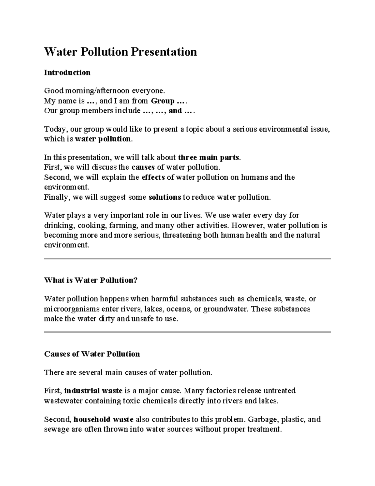 Water Pollution Presentation: Causes, Effects, and Solutions - Studocu