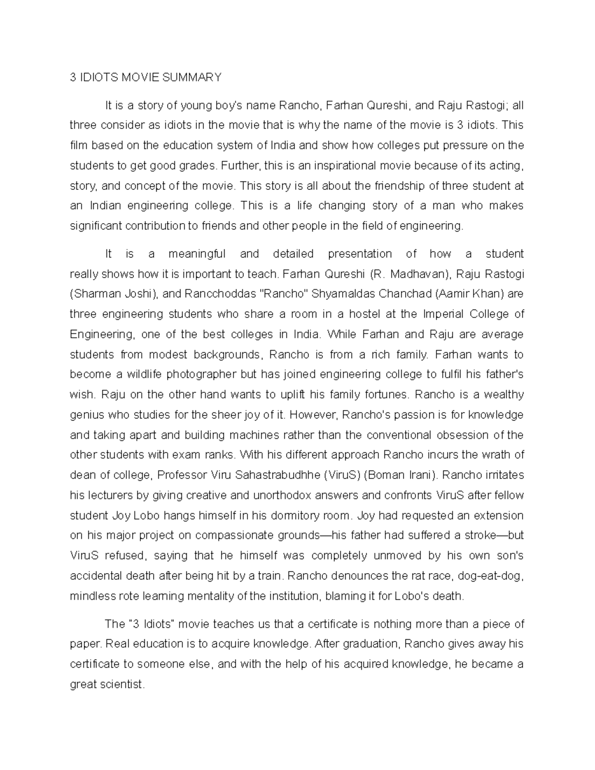 3 Idiots Movie Summary - 3 IDIOTS MOVIE SUMMARY It is a story of young ...