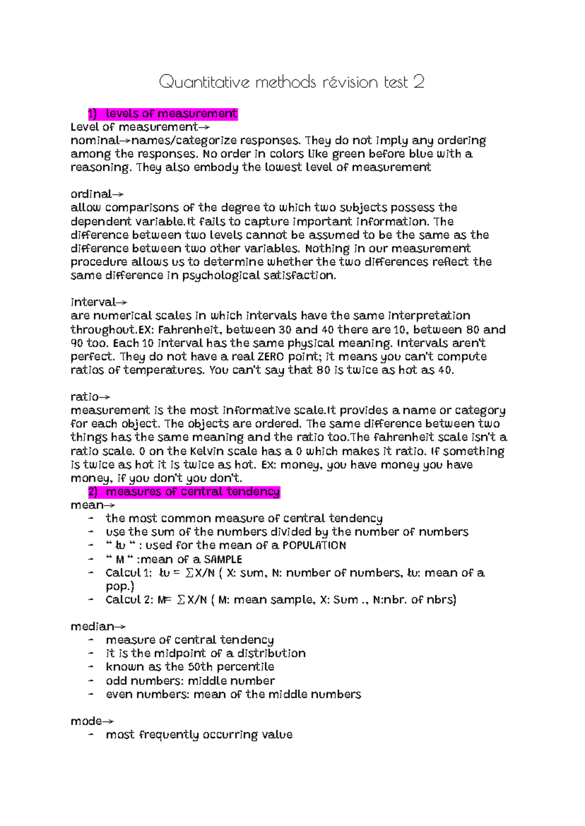QM Test 2: Revision on Levels of Measurement and Statistical Methods ...
