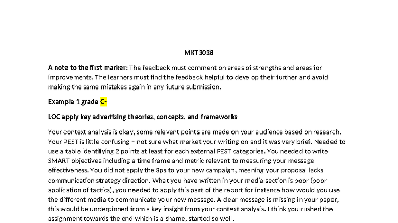 MKT3038 Feedback Examples for Advertising Campaigns - Studocu