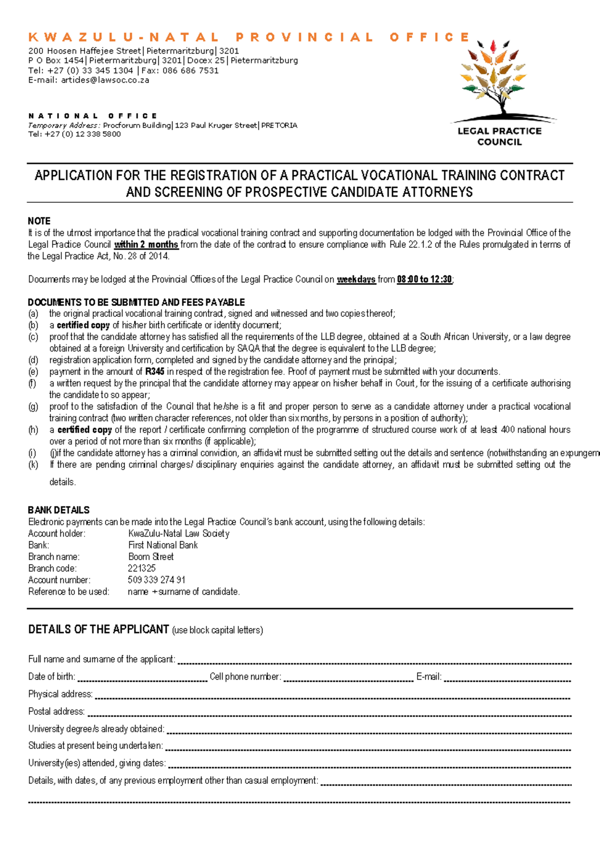 Application FOR THE Registration OF A Practical Vocational Training ...