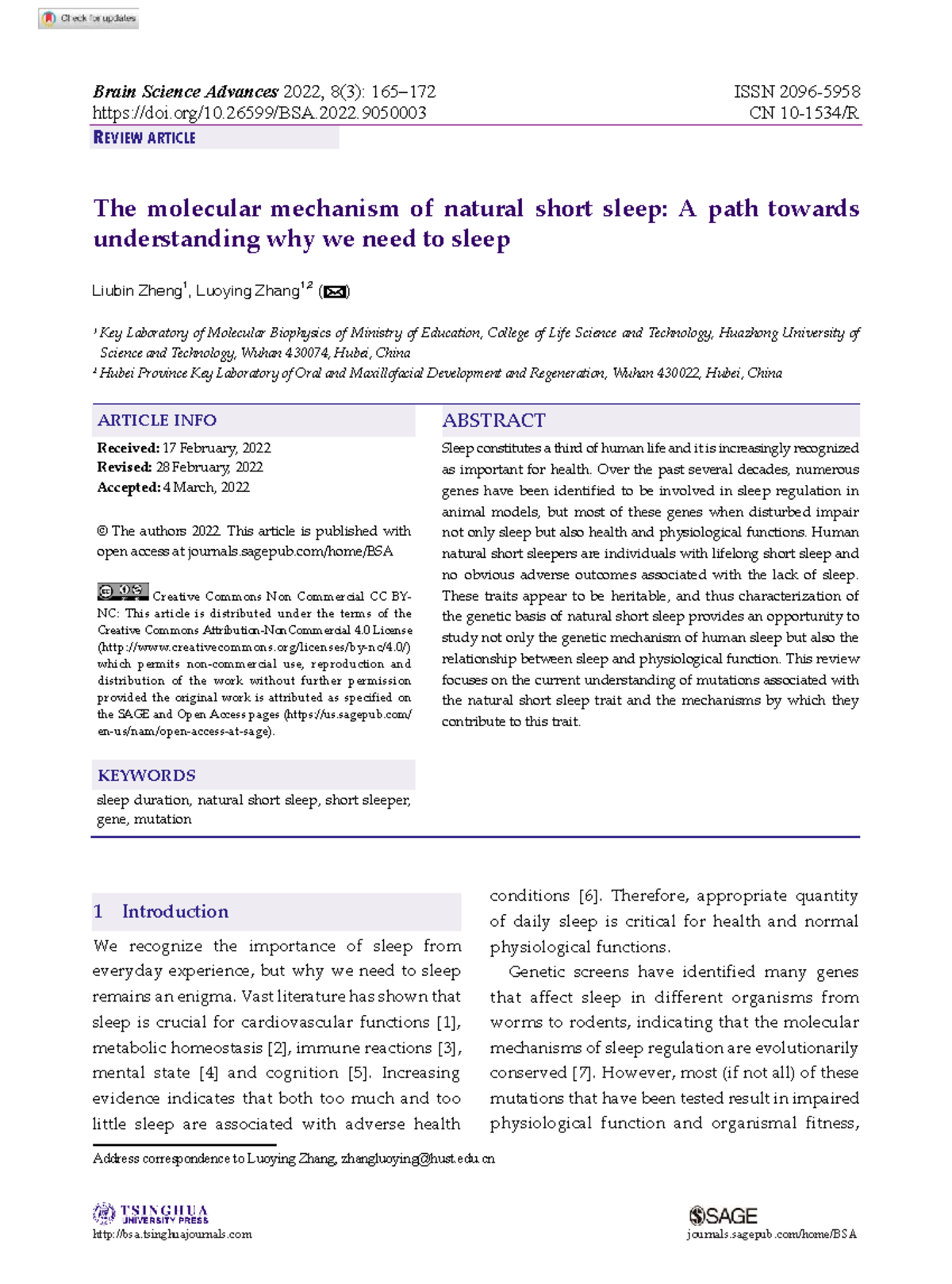 Molecular Mechanisms of Natural Short Sleep: Insights from 2022 ...
