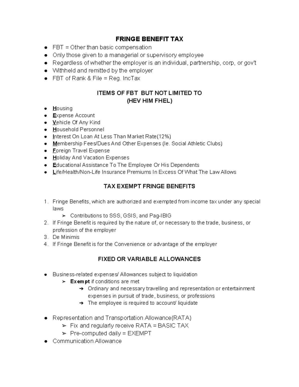 Fringe Benefit Tax (FBT) Overview and Exemptions Guide - Studocu