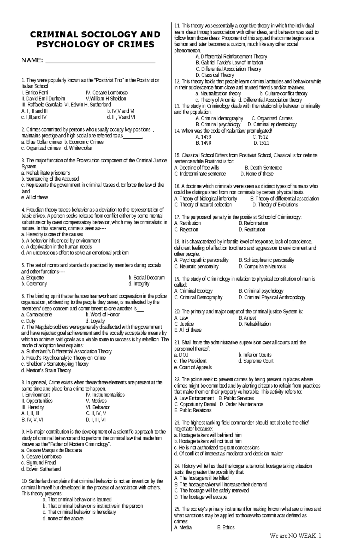 CRIM 101: Criminology Exam Sample Questions and Answers - Studocu