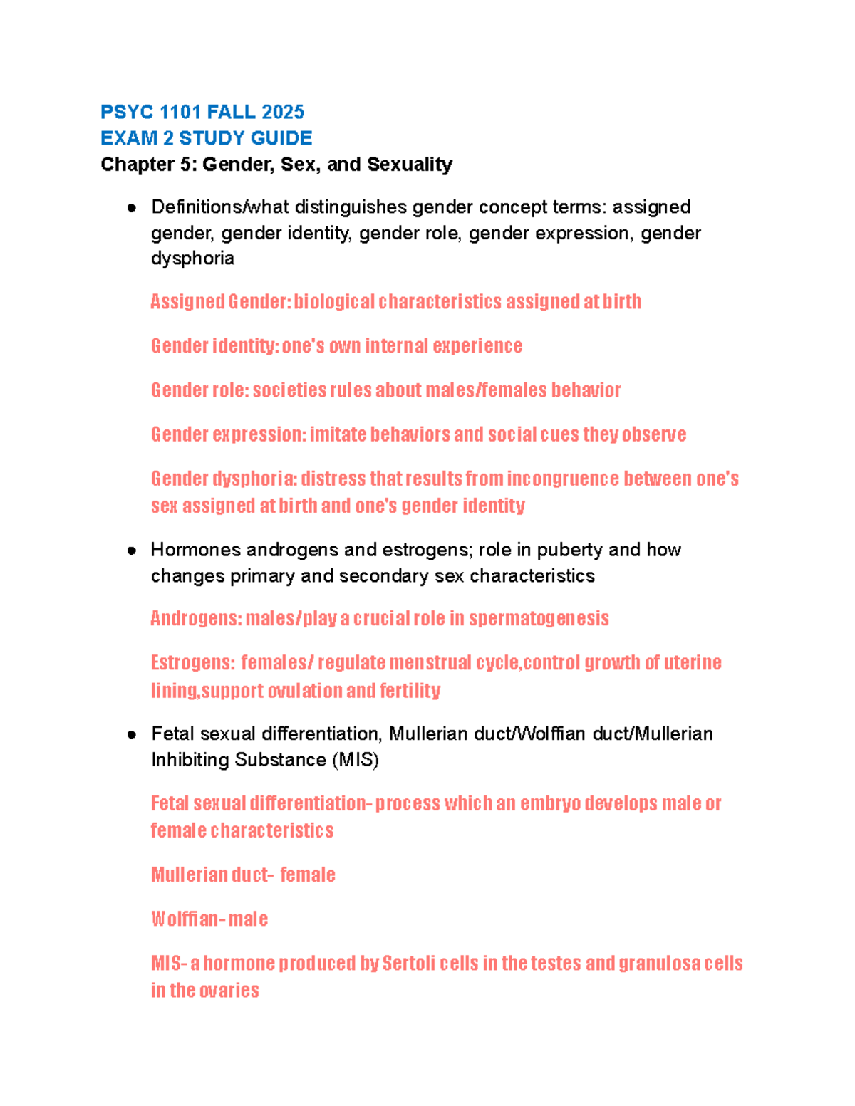 PSYC 1101 FALL 2025 - Exam 2 Study Guide: Gender, Sex, and Sensation ...