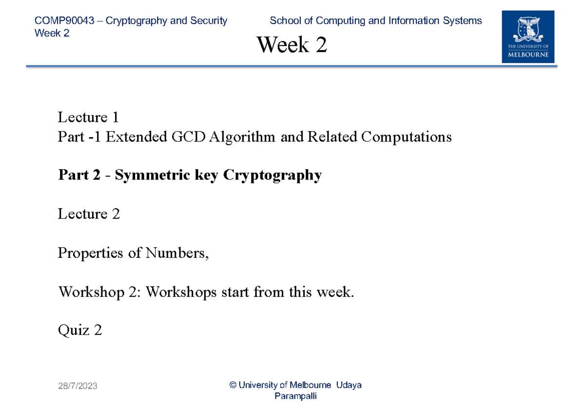 COMP 101 Week 2 Lecture Notes: Symmetric Key Cryptography - Studocu