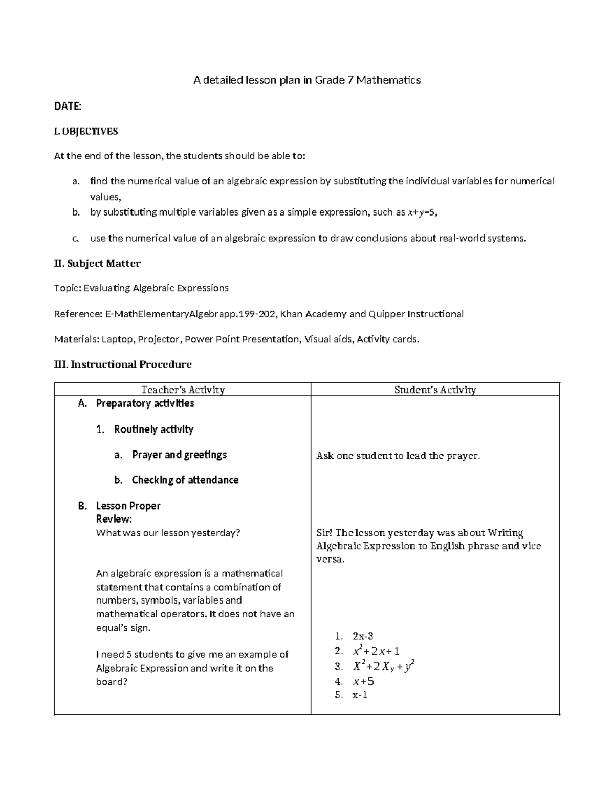 A detailed lesson plan in Grade 7 Mathematic 1 - A detailed lesson plan ...