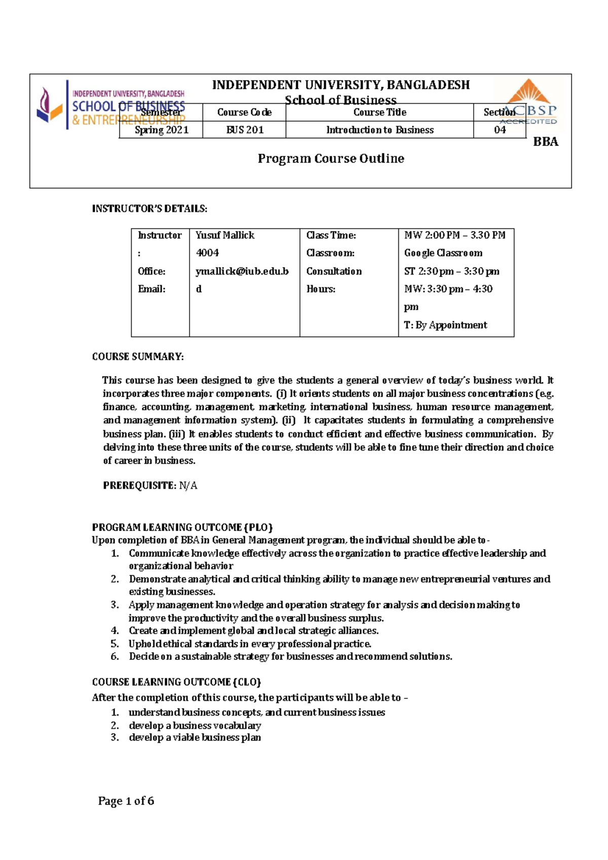 BUS 201 - Introduction to Business Course Outline Spring 2021 - Studocu