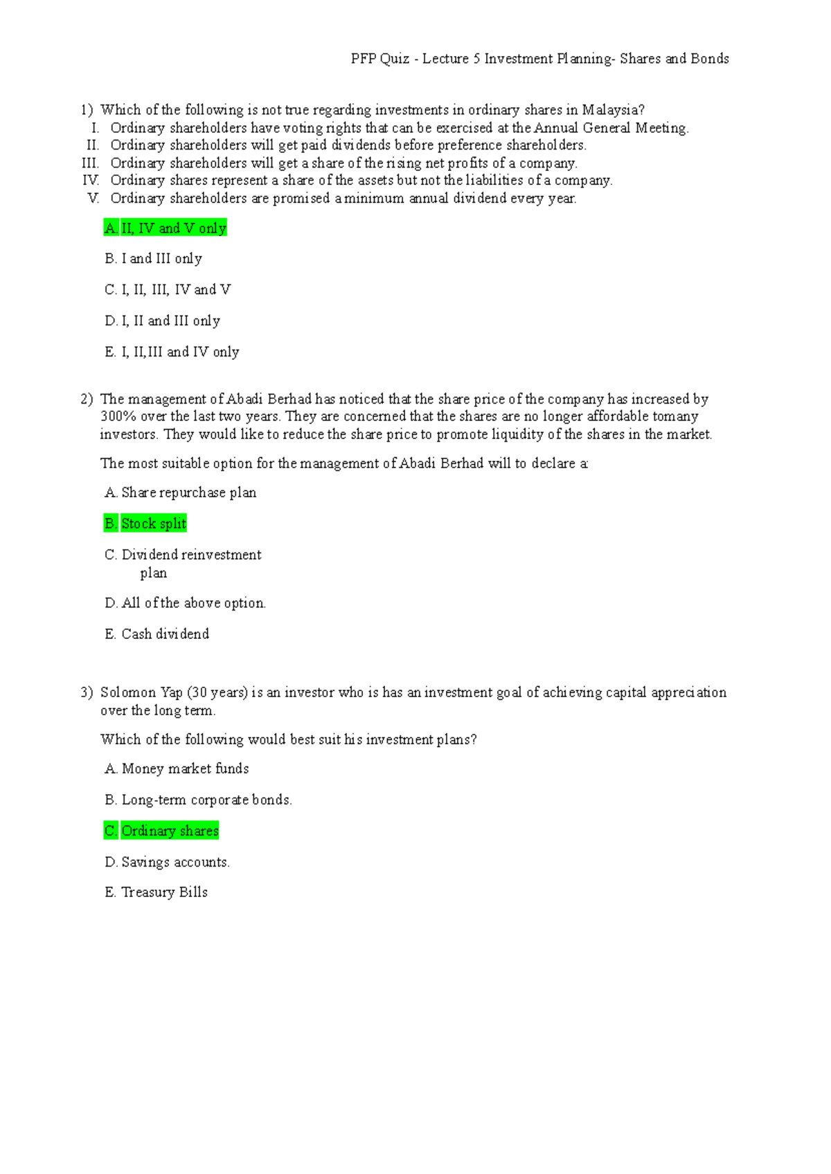 PFP Quiz - Lecture 5 Investment Planning- Shares and Bonds - Ordinary ...