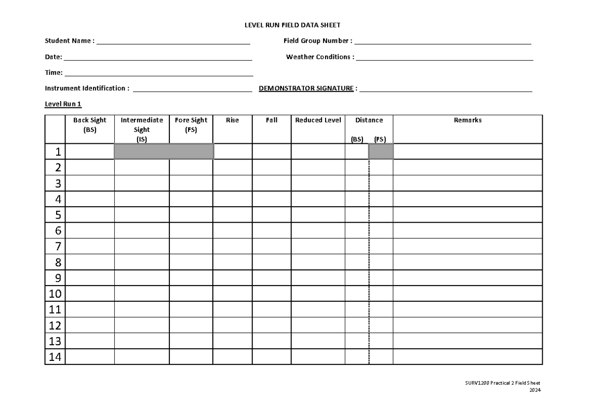 SURV1200 Practical 2 Level Run Fieldnote Sheet 2024 - Studocu