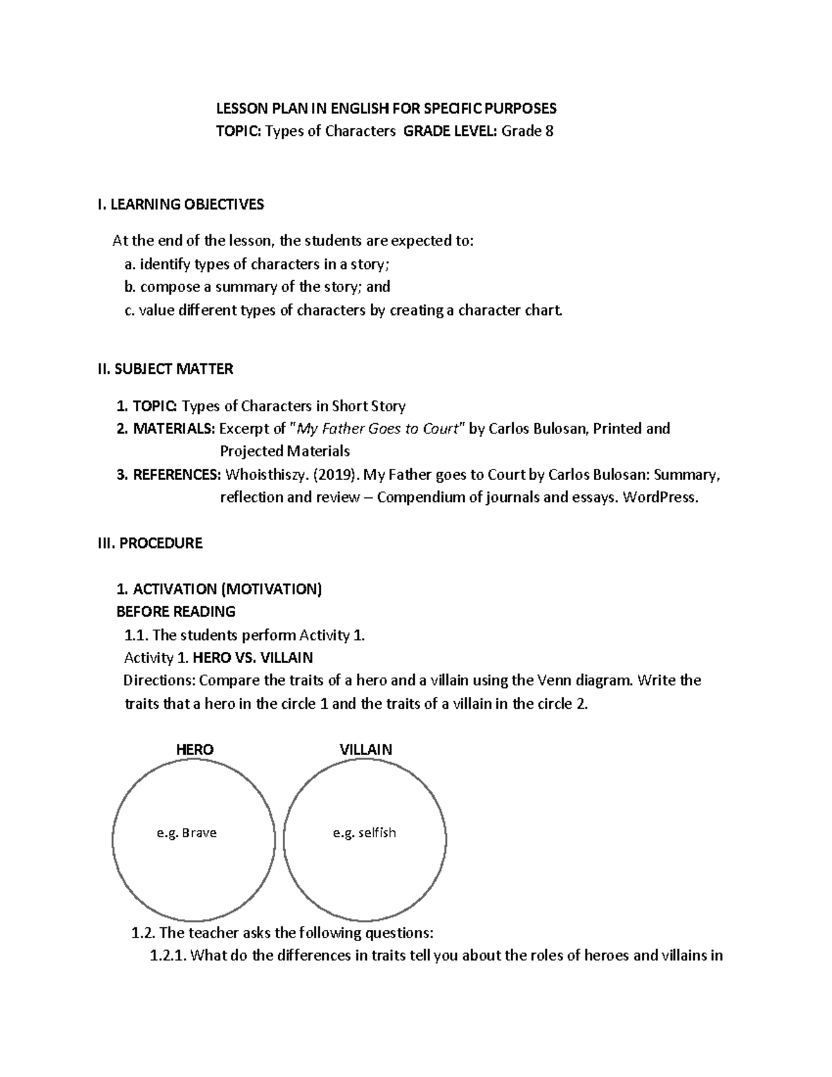 LESSON PLAN IN ESP: Understanding Types of Characters for Grade 8 - Studocu