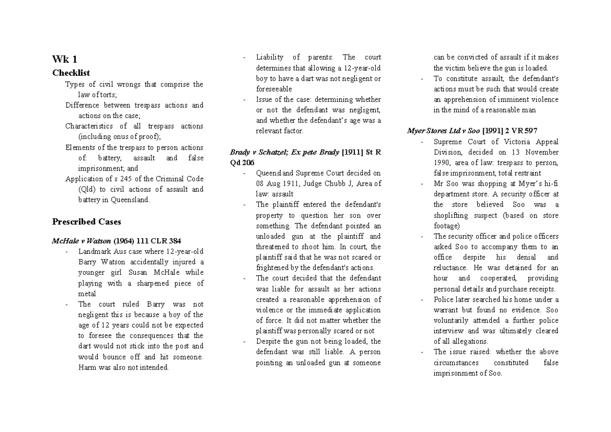 Law of Torts: Week 1 Notes on Trespass and Civil Wrongs - Studocu