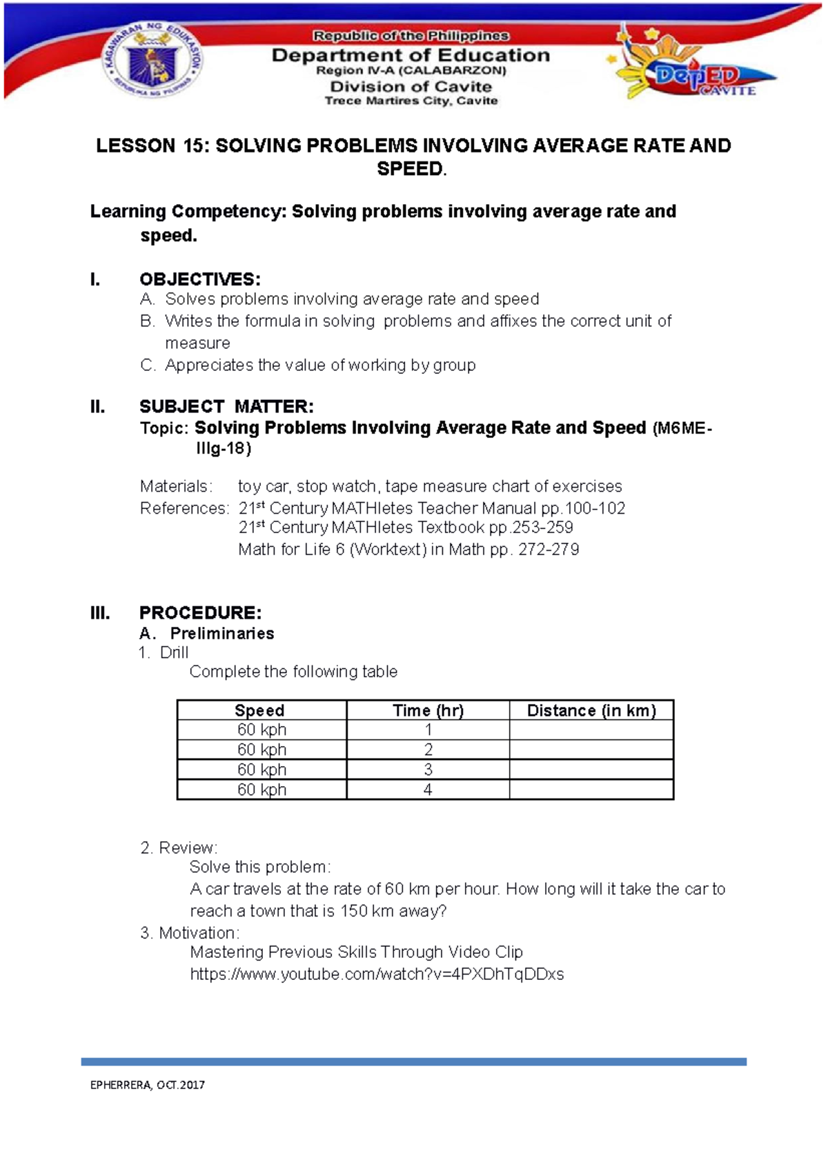 Lesson 15: MATH 6 - Problems on Average Rate & Speed - Studocu